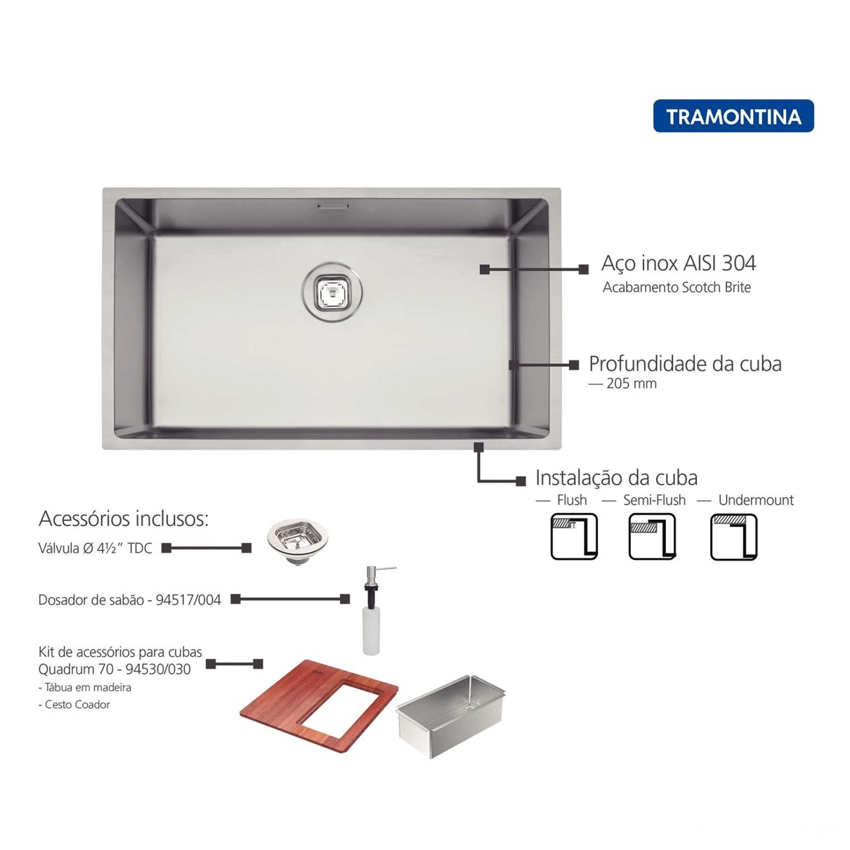 Cuba de Sobrepor Tramontina 70x40 cm com Dosador de Sabão, Tábua e ...